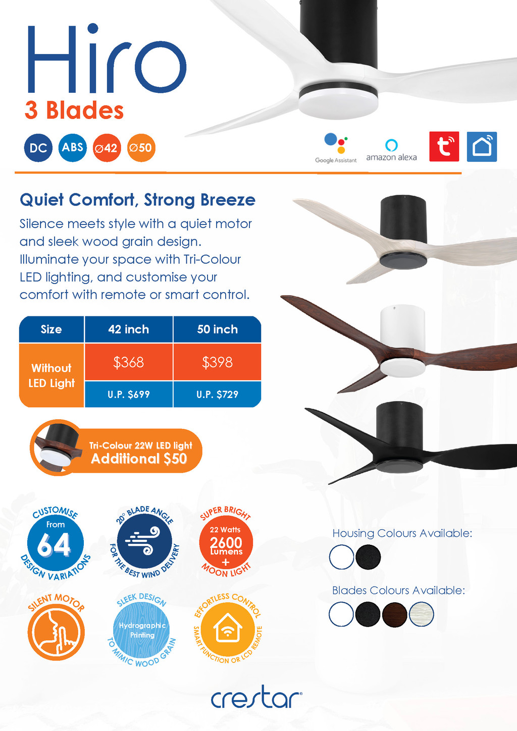 [New stock in] CRESTAR Hiro 42/50" Smart Wi-Fi Ceiling Fan with ...