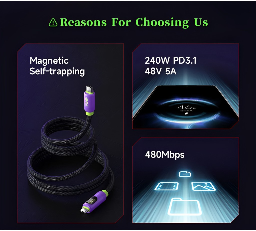 HAGiBiS SX04S Mag-netic 240W USB-C Fast Charging Cable with LED Power ...