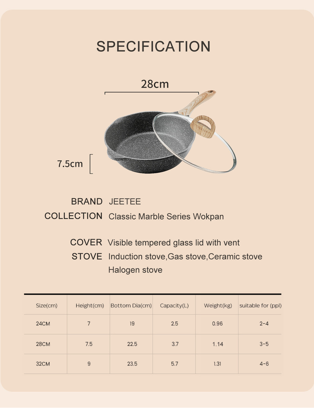 JEETEE Non-Stick Deep Pan with lid 24/28/32cm Maifan Stone Coating ...