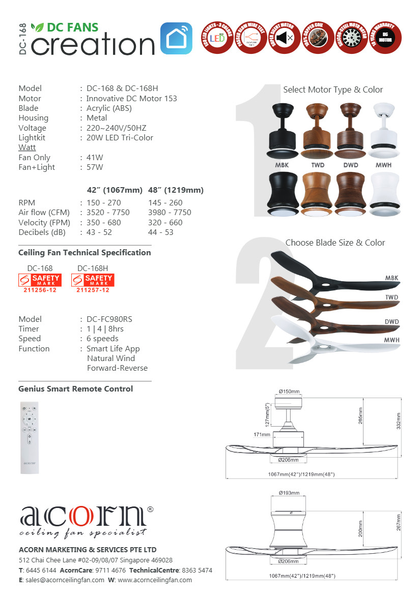 Acorn DC-168 Creation Downrod 42" / 48" Smart DC Motor Ceiling Fan with ...