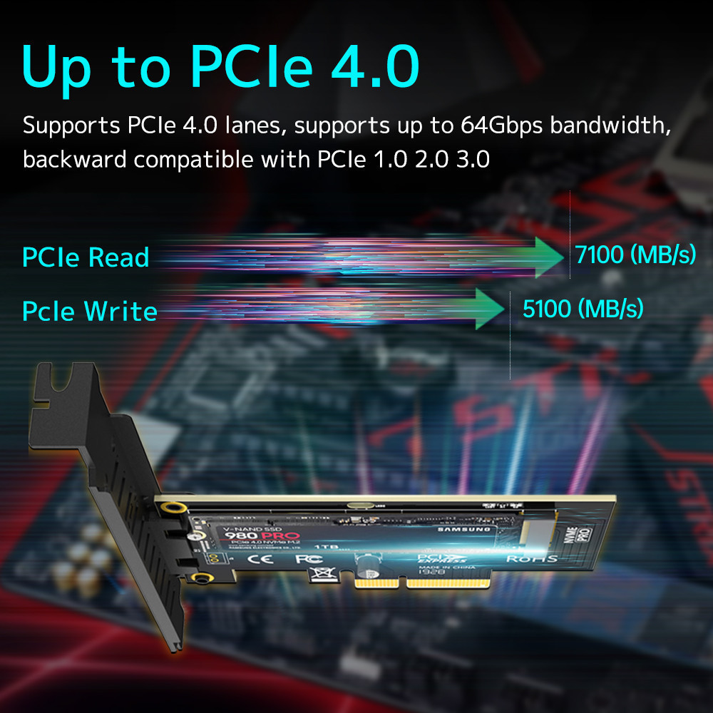 JEYI PCIe to NVMe Adapter With Aluminum SSD Heatsink Cooler, 64Gbps M.2 ...