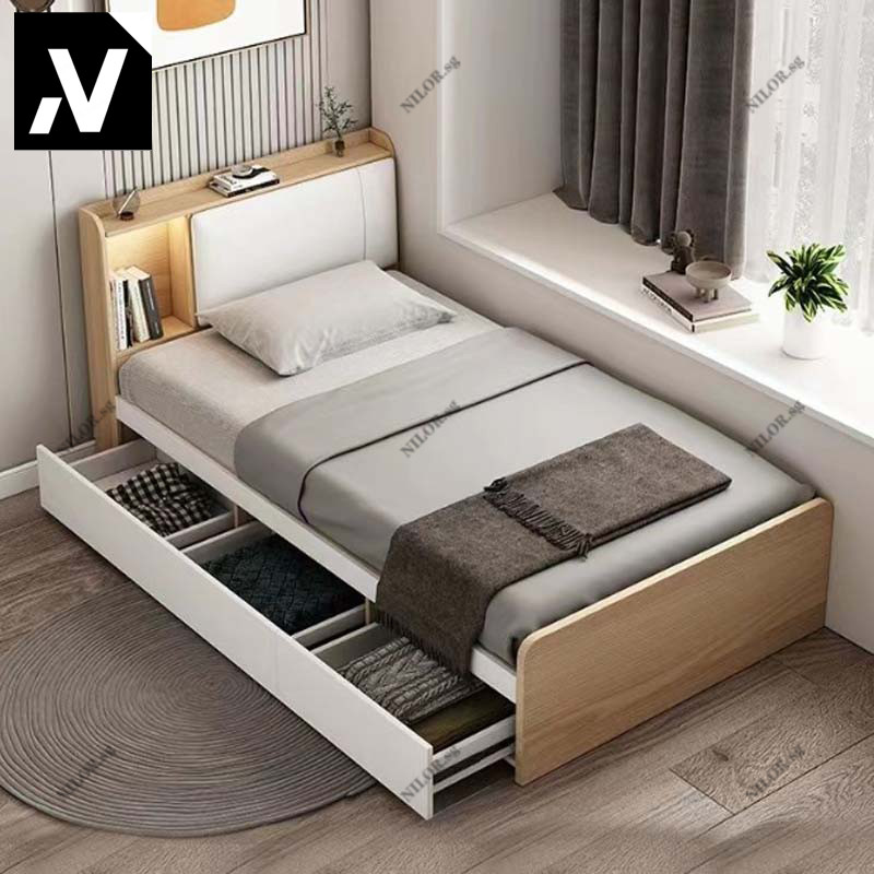N·R Bed Frame Small Apartment Pull-out Single Bed 1.2 Meters High Box Storage Bed Modern Simple ...