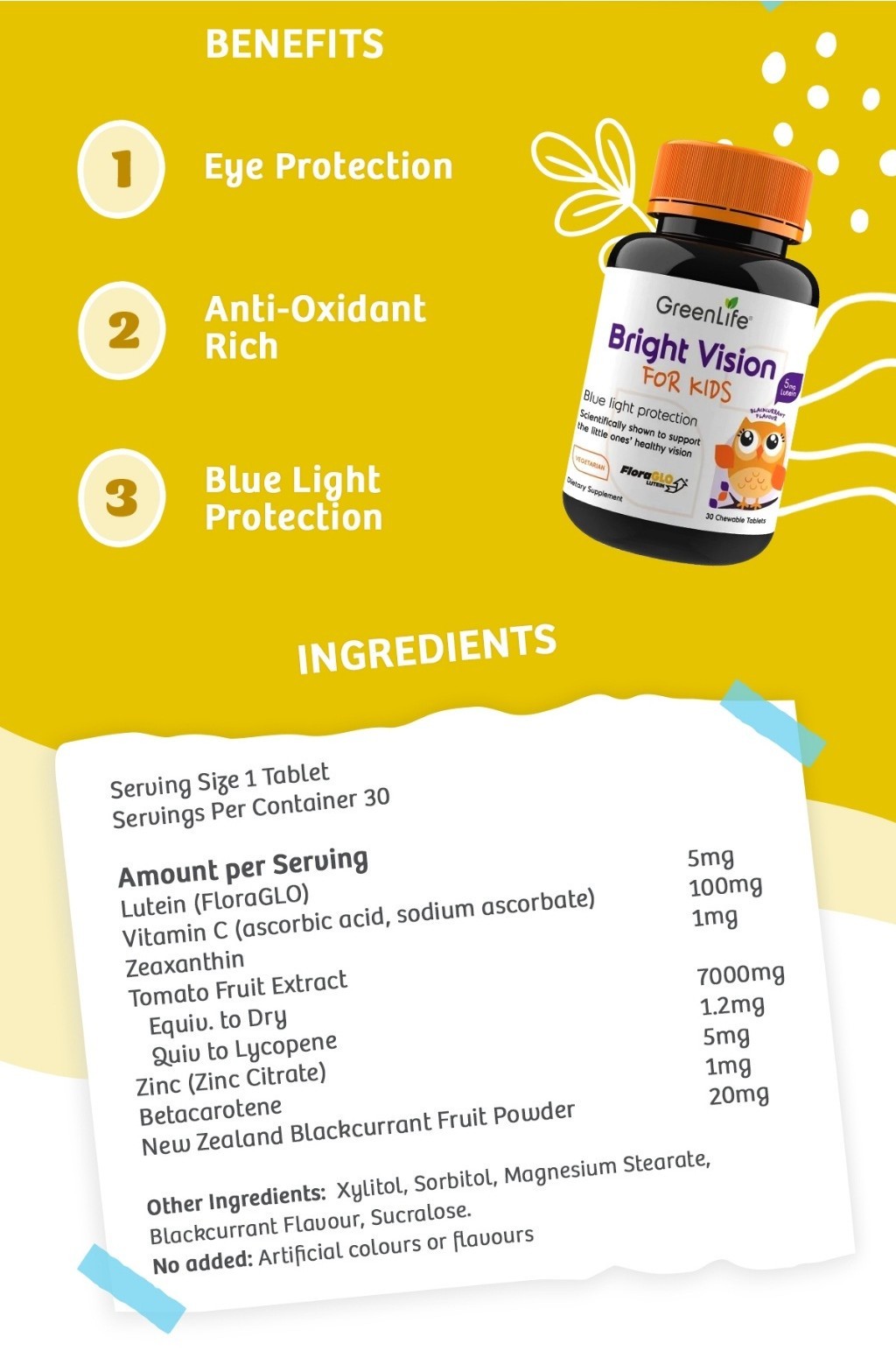 [Bundle of 3] GreenLife Bright Vision for Kids 5mg Lutein 30 Chewable Tablets (New Formula ...