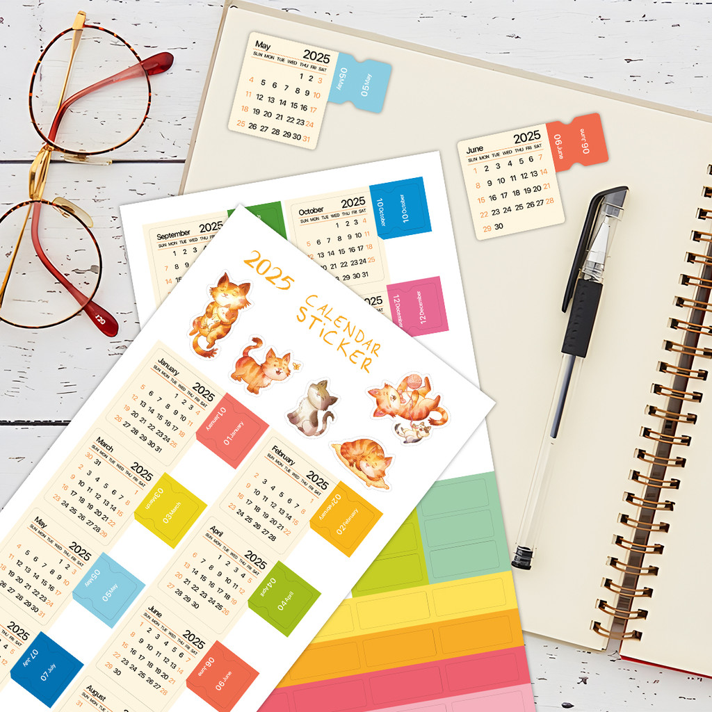 2025 Mini Calendar Stickers with Cute Cat Design,2 Sheets Monthly Index ...