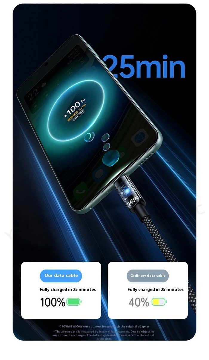240W Fast Charging Cable With Intelligent Lamp,Nylon Data Line For Type ...