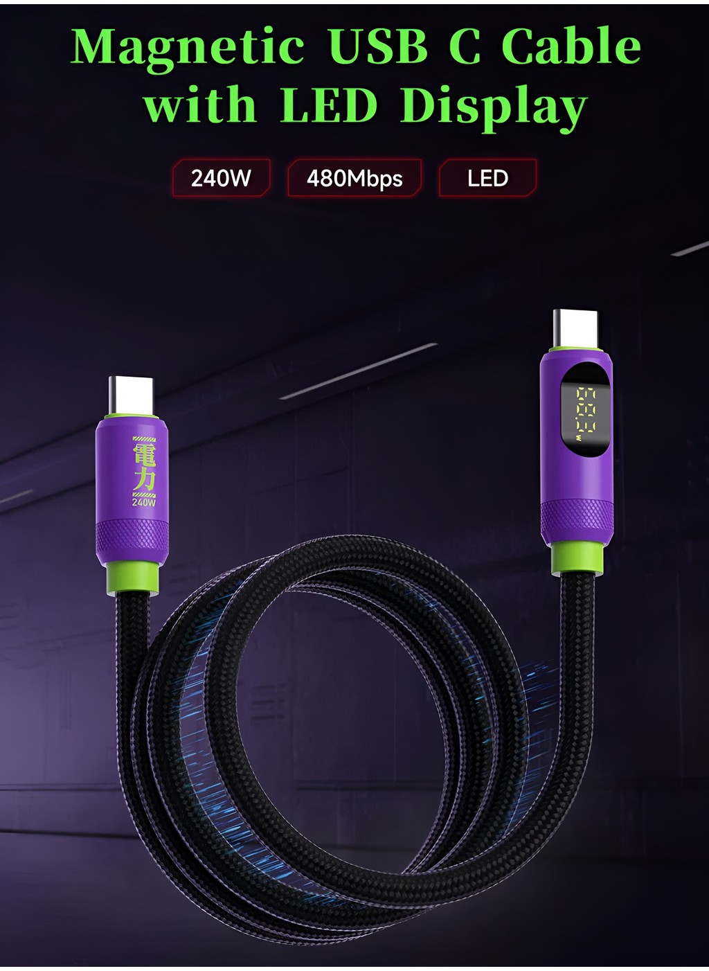 HAGiBiS SX04S Mag-netic 240W USB-C Fast Charging Cable with LED Power ...