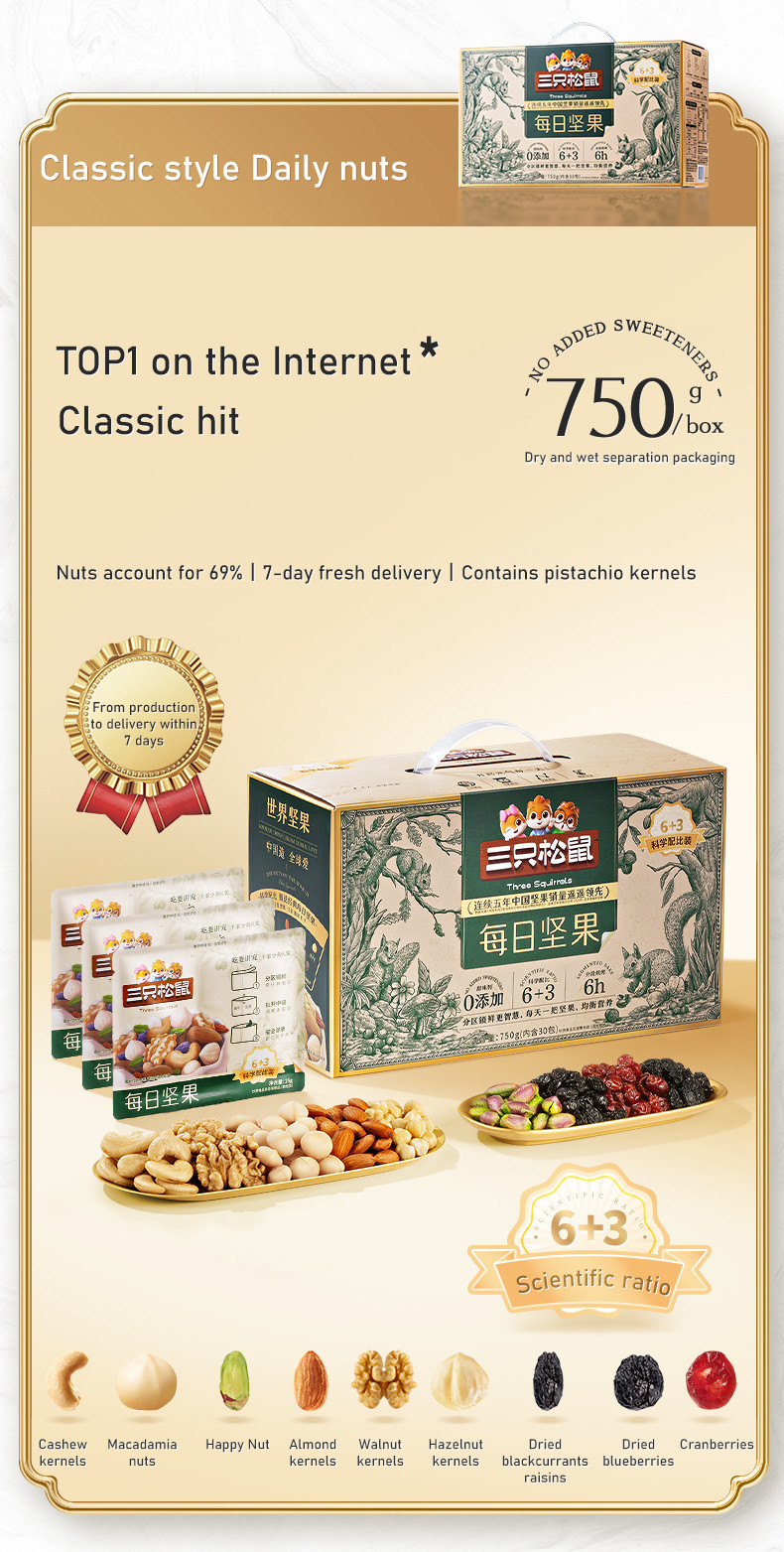 Three Squirrels Daily Nuts Series Nuts Mixed Dried Fruits Halal 三只松鼠每日坚果系列 坚果+果仁 健康零食 (750g/30 ...