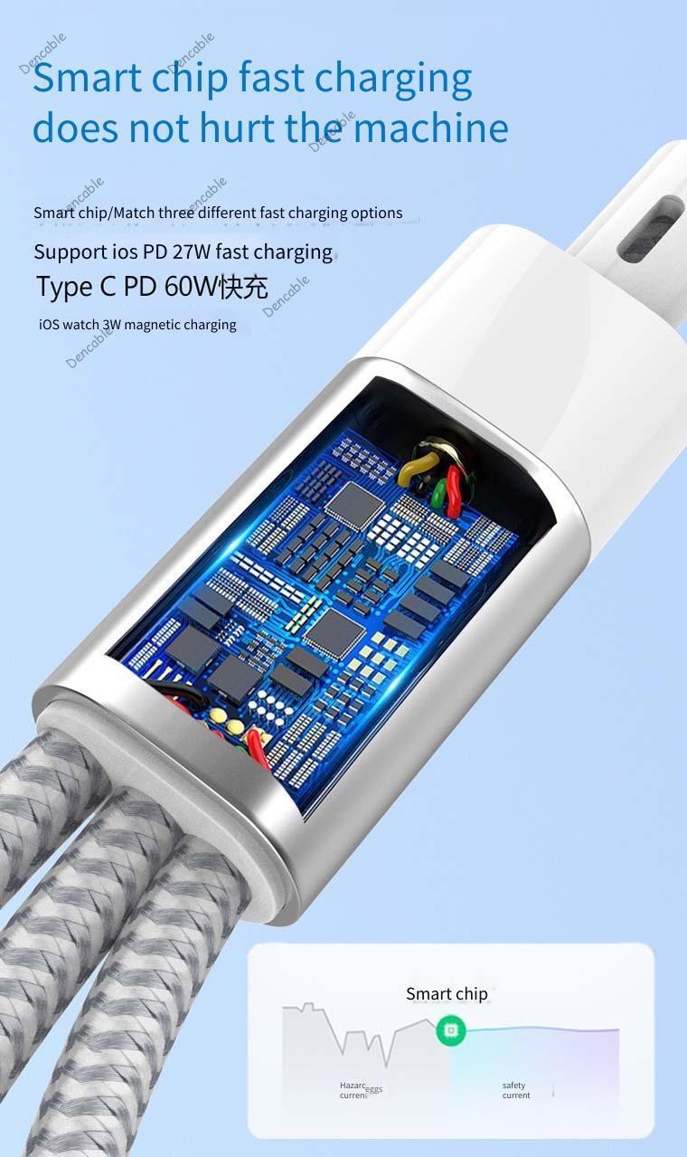 60W PD 3-in-1 Charging Cable Watch Wireless Charger USB-C/iOS Fast Charging Cable Nylon Braided ...