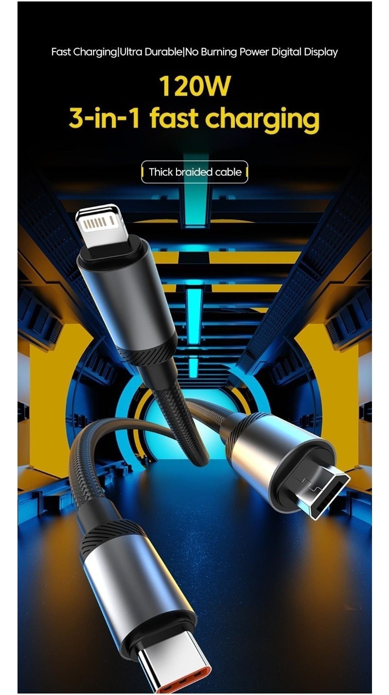 120W 3 in 1 Digital display Fast Charging Cable for Samsung Type C ...