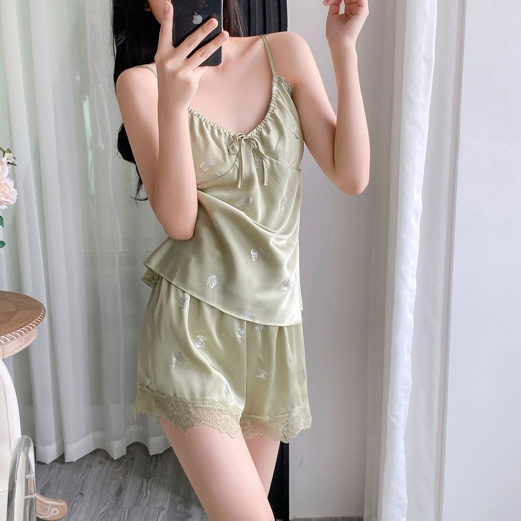 Sexy Sleepwear Women Lace Set Ice Silk Camisole Shorts Two-piece Set ...