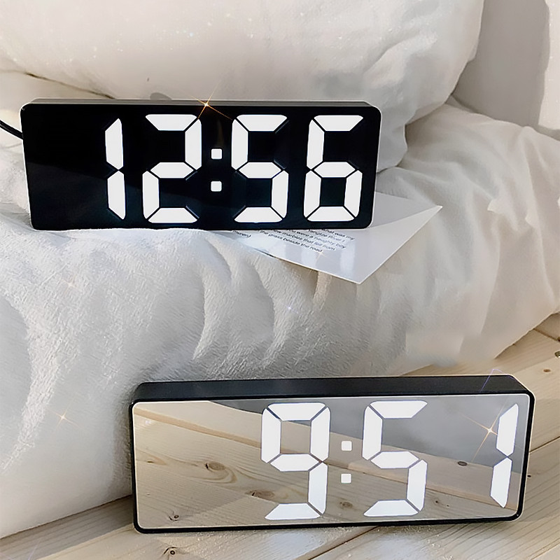 Adjustable Brightness Mirror LED Digital Clock Dual Power Modes Large ...