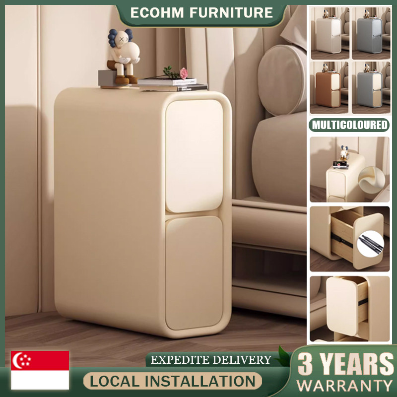 ECOHM Solid Wood Bedside Table Modern Leather Narrow Style Bed Side ...