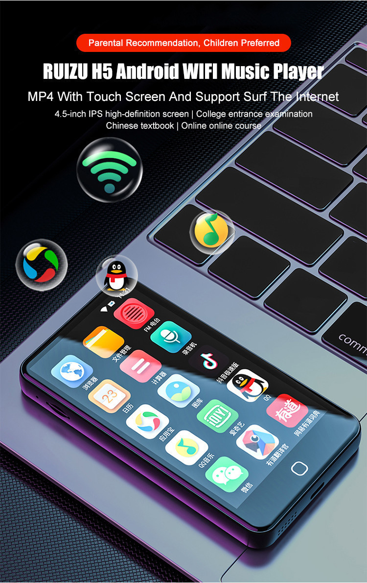 RUIZU H5 Android WiFi MP4 Player Support SD Card APP Download Music Player With 4.5 Inch Touch ...