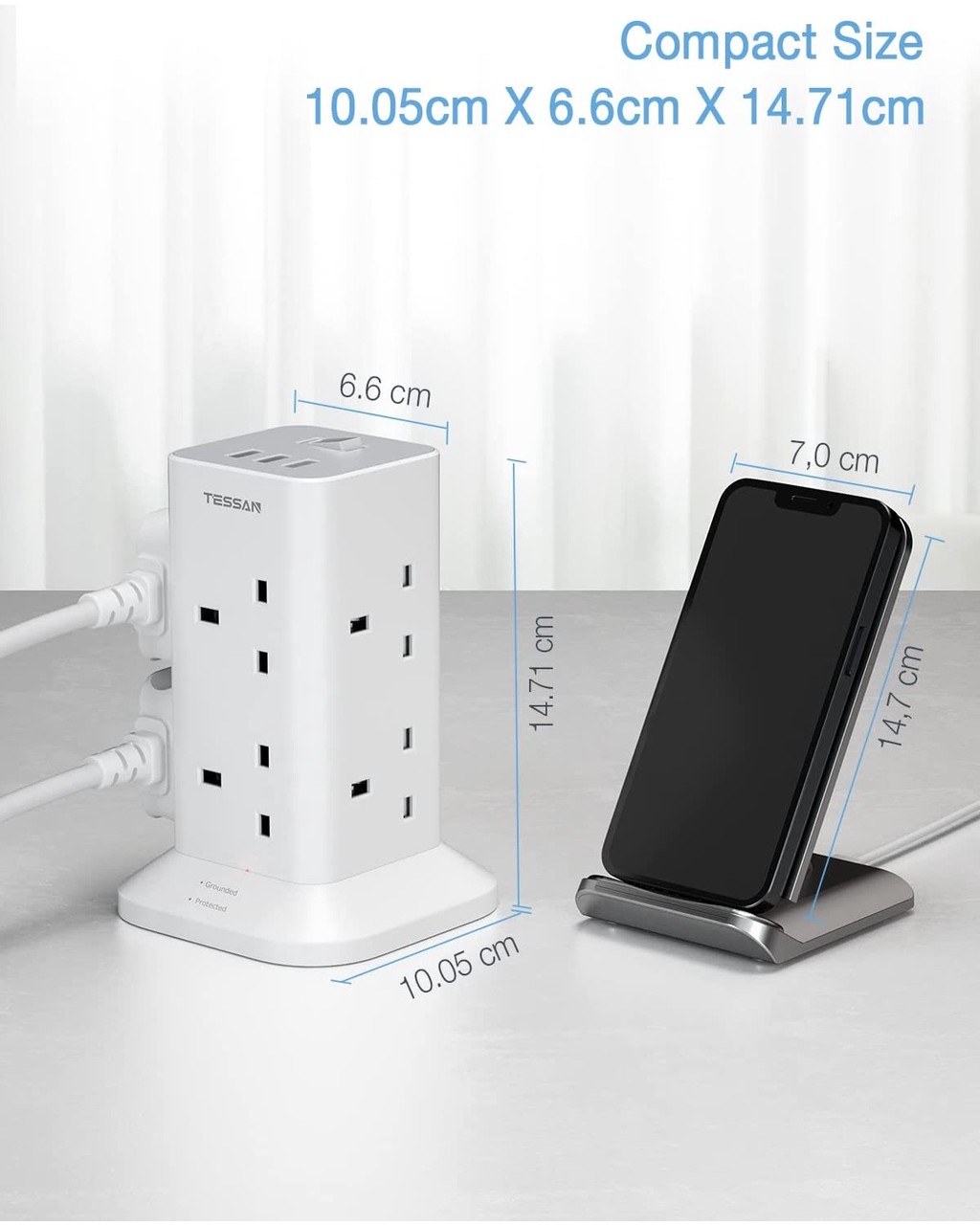 TESSAN Tower Extension Socket with USB+Type C,Surge Protector Multi ...