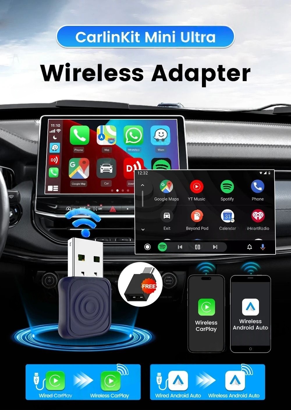 CarlinKit Mini Ultra Wireless USB Dongle Wireless Android Auto ...