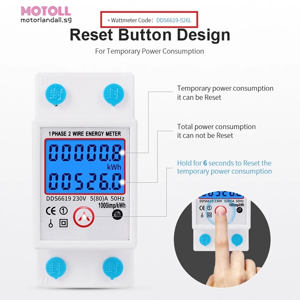 [MOTOLL] DDS6619 5-80A 230V LCD Digital Single Phase Energy Watt KWh Meter DIN Rail Mount【Ready ...
