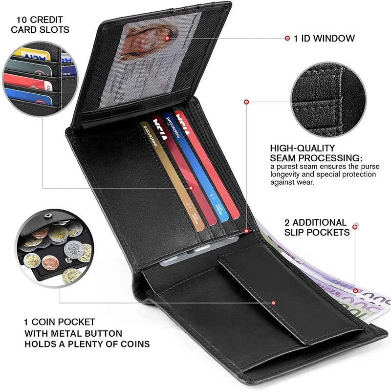 100% Genuine Leather RFID Blocking Slim Trifold Men Wallets with Coin ...