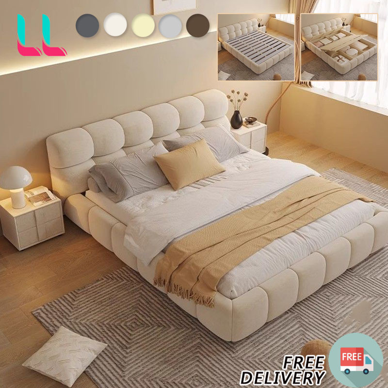 LL Bed Frame Creamy Style Puff Fabric And Solid Wood Storage With ...