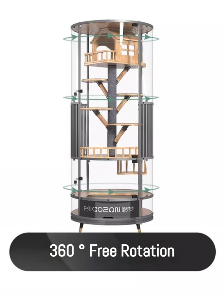 Cat House 360° Rotatable Glass Cat Condo Oak Cat Platform Cat Tower ...