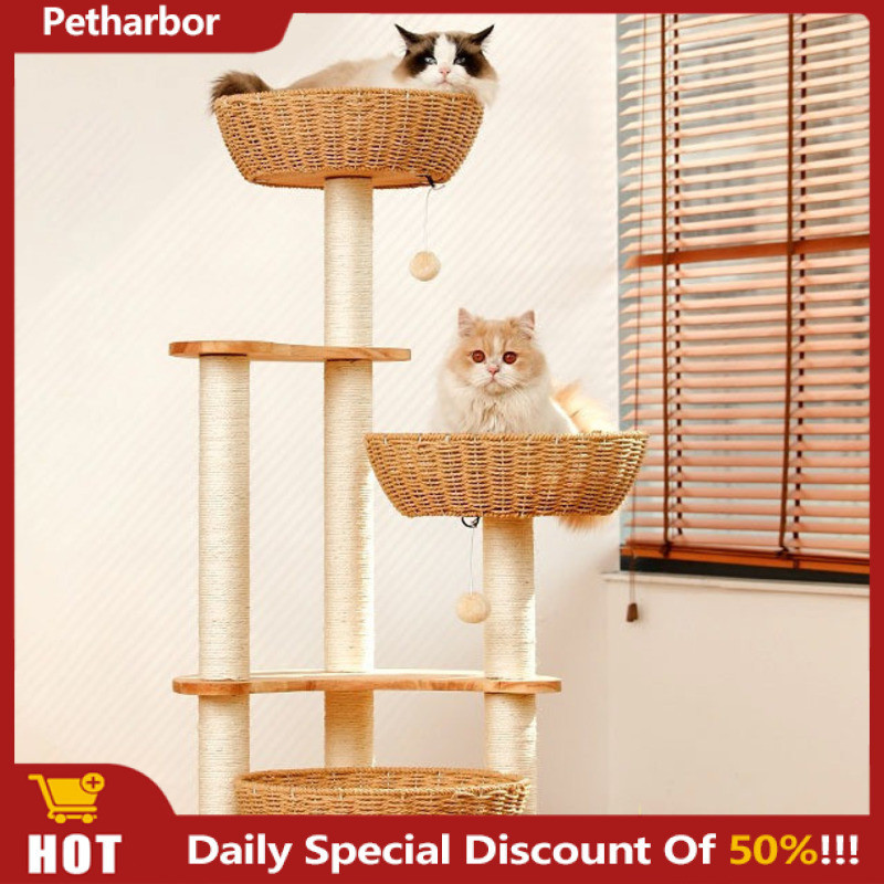 Condo Rack Rattan Solid Wood Woven Nest Integrated Sisal Toy Grabbing ...