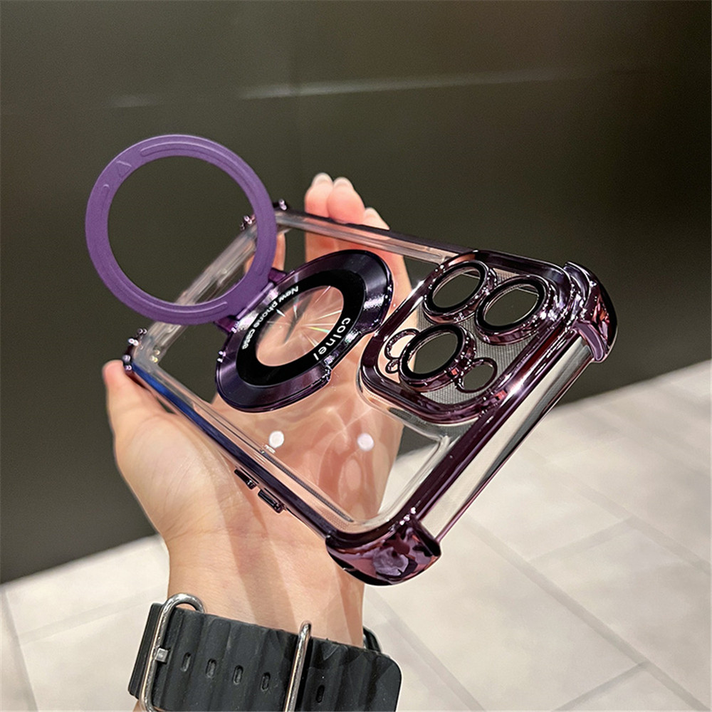 Luxury Plating Shockproof Magnetic Bracket Clear Case For iPhone 15 16 ...