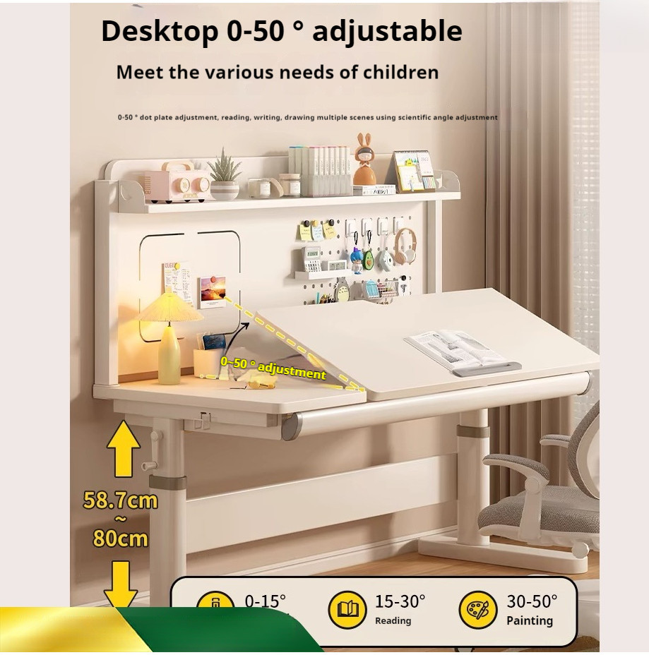 Children Drawer Height Adjustbale Table With Bookshelf Study Standing ...