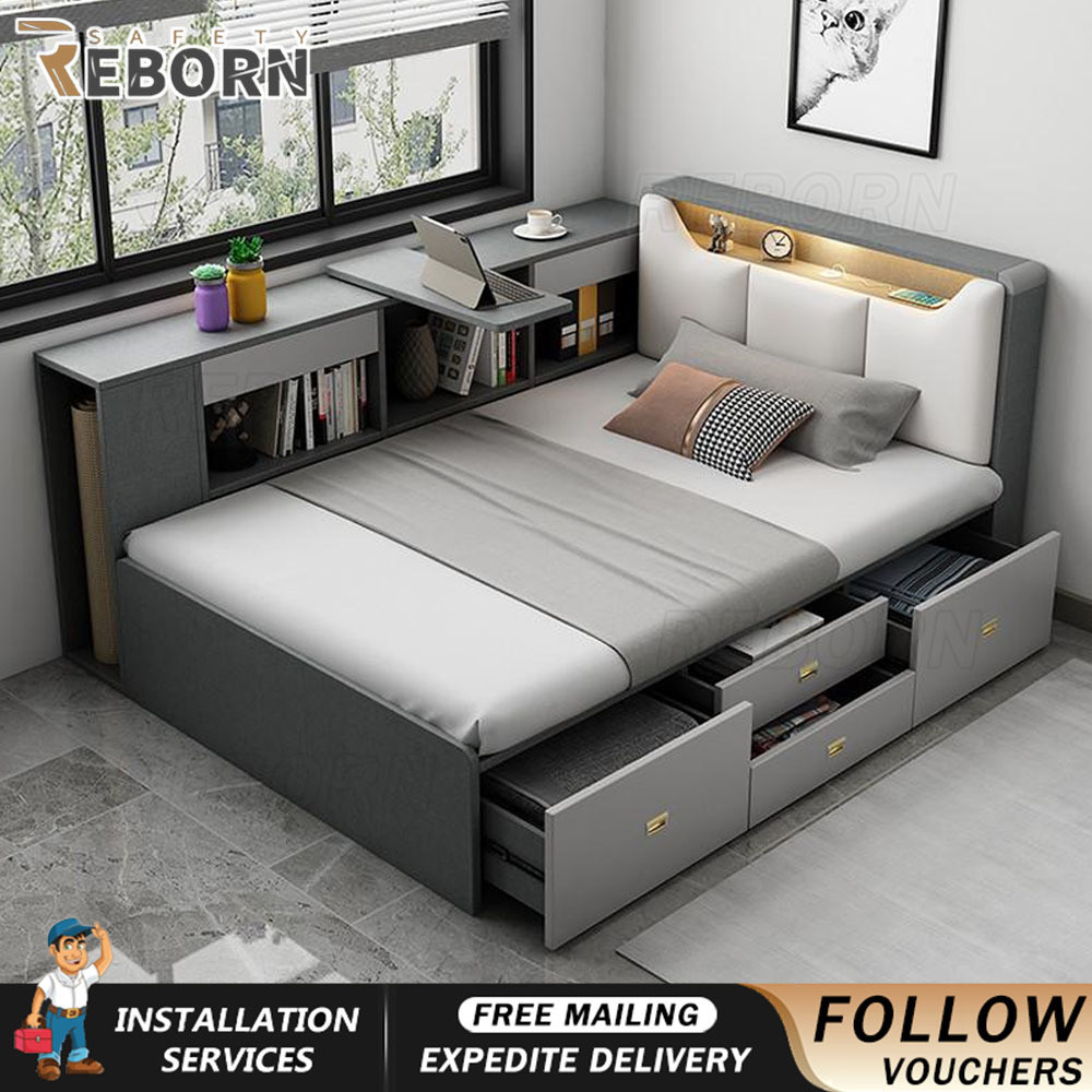 REB Modern High Box Storage Bed Multifunctional Desk Integrated ...