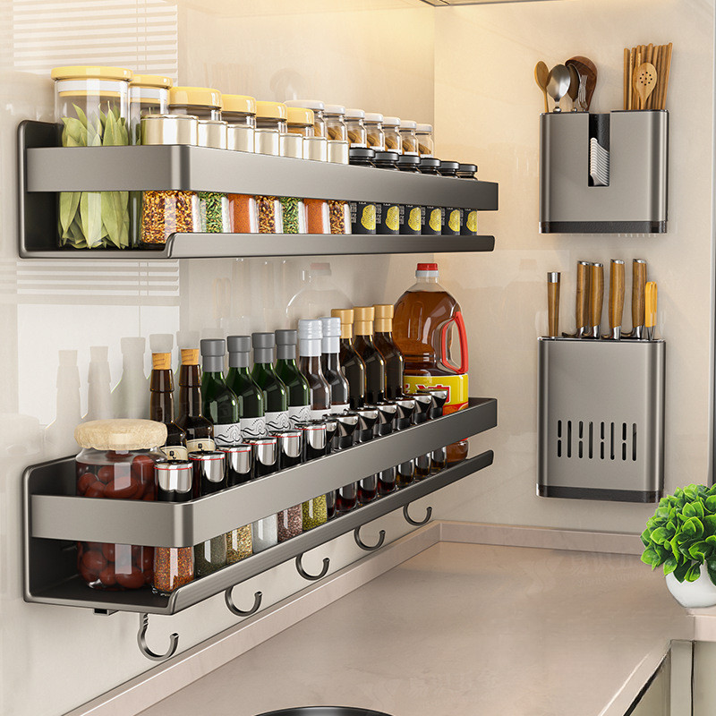 Kitchen Storage Rack Carbon Steel Seasoning Shelf Wall Mounted ...