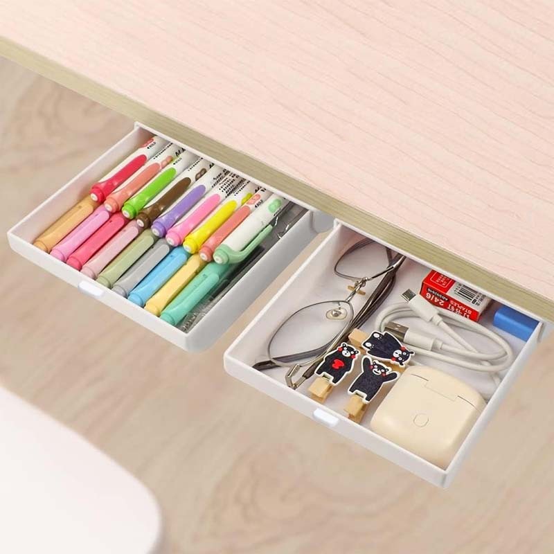 Hidden Drawer Plastic Storage Box Under Desk Pencil Pen Stationery Pull ...