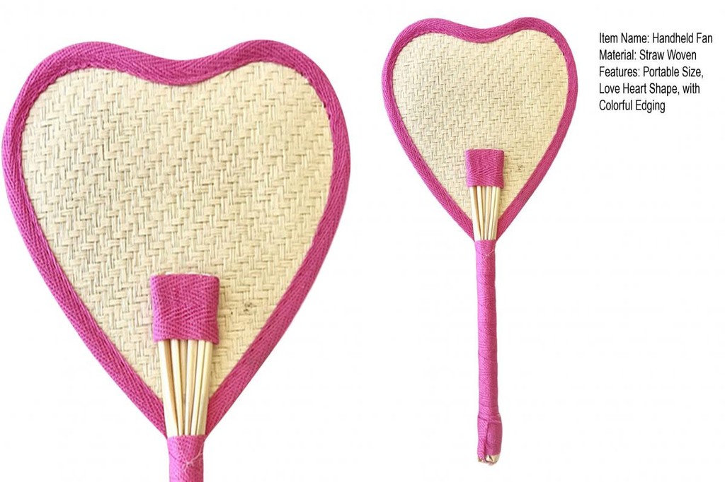 CC Straw Weaving Fan Love Heart Handheld Fan Handmade Raffia Fan with ...
