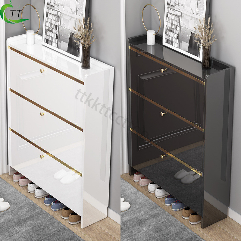 TTCC Shoe Cabinet Simple Slim 17cm Black White Lacquer Foyer Cabinet Large Capacity Entrance ...