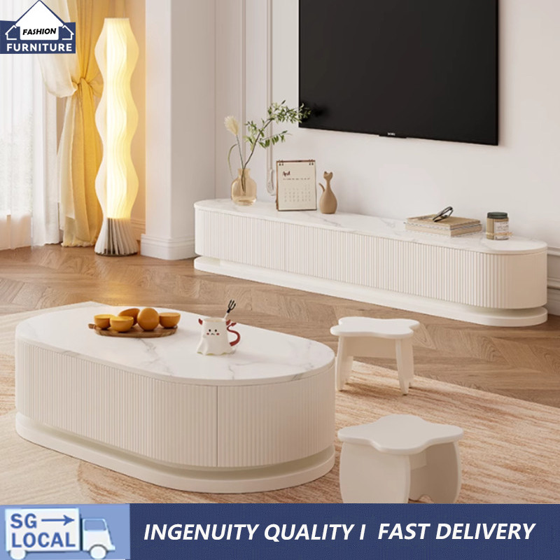 WDD Round Cream Coffee Table With TV | Console Cabinet Rock Slab Living Room | Shopee Singapore