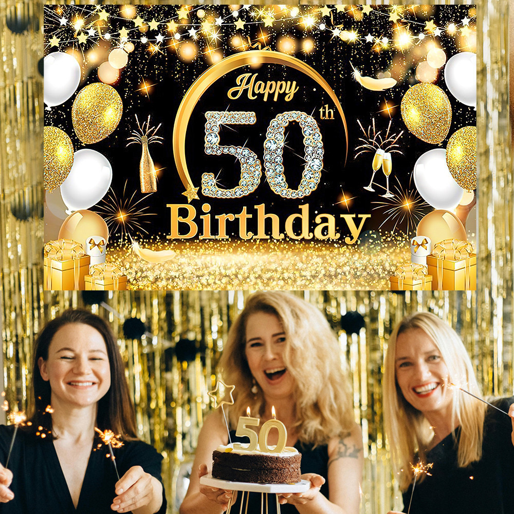 GeeParty 40/50/60/70th Black Gold Birthday Banner Backdrop for ...