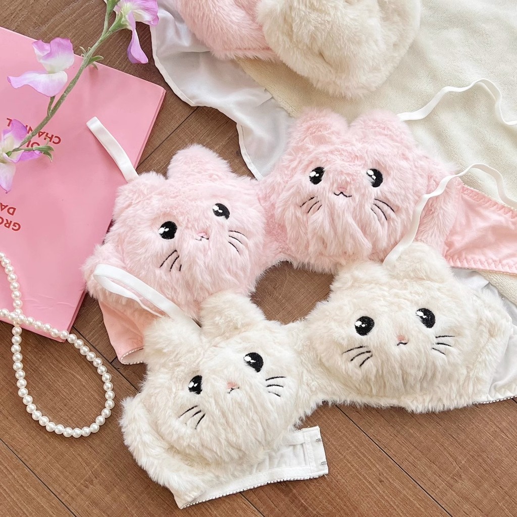 Cute Cat Wireless Plush Bra Set Japanese Style Thermal Furry Underwear ...