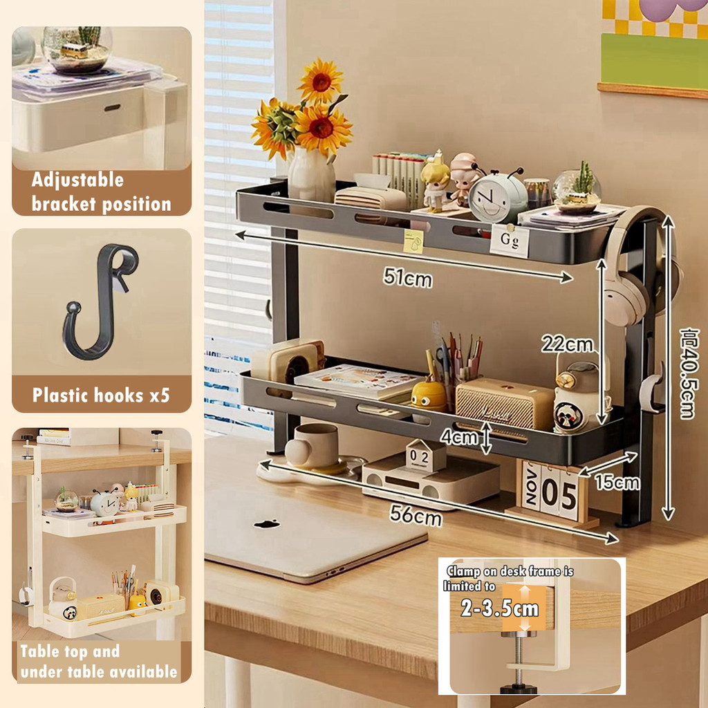 2Layer Desktop Storage Rack Clamp-On Organizer Shelf Office Table ...