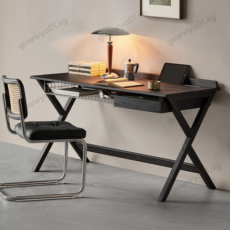 Study Table Black Solid Wood Computer Desk With Drawers Home Study ...