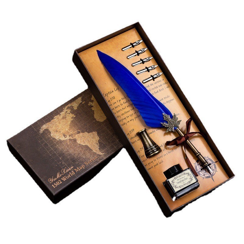 Blue Peacock Retro Feather Dip Pen Map Pen Holder Set Dip Pen Set Gift ...