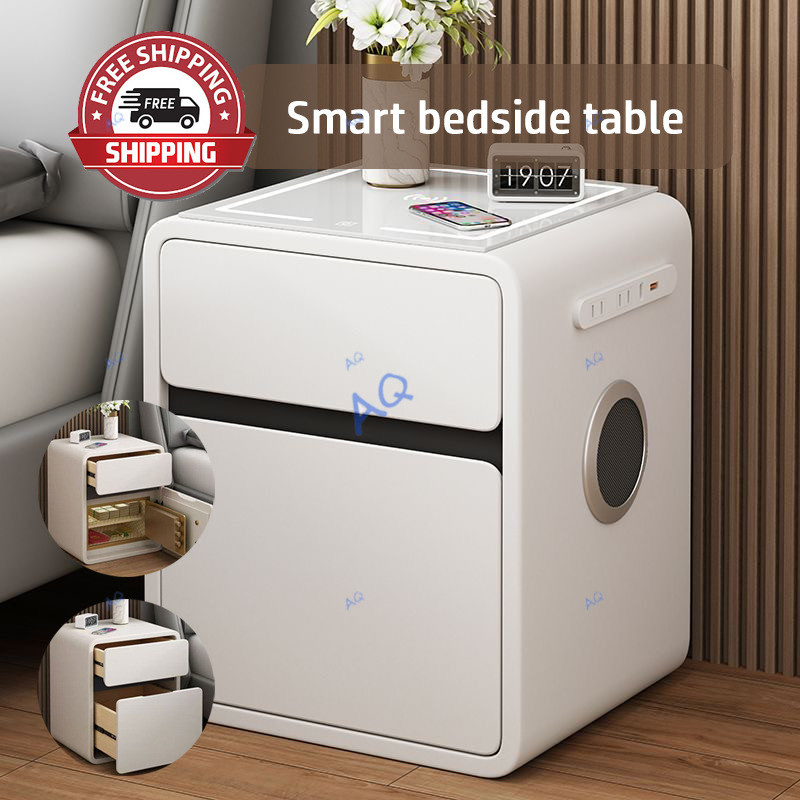CAQ Bedside Table Smart Solid Wood Bedside Table Safe With Wireless ...