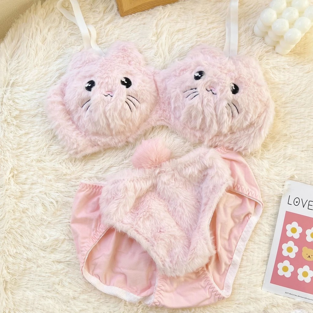 Cute Cat Wireless Plush Bra Set Japanese Style Thermal Furry Underwear ...