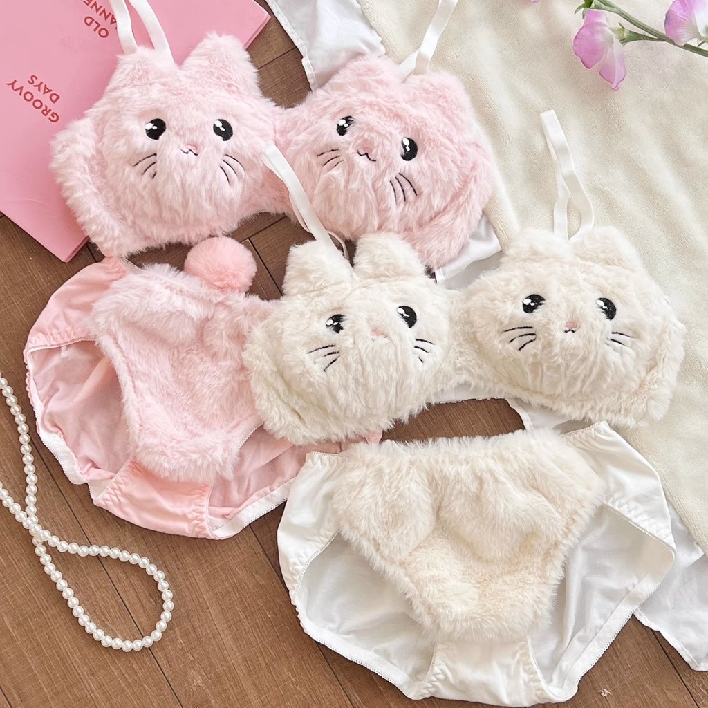 Cute Cat Wireless Plush Bra Set Japanese Style Thermal Furry Underwear ...