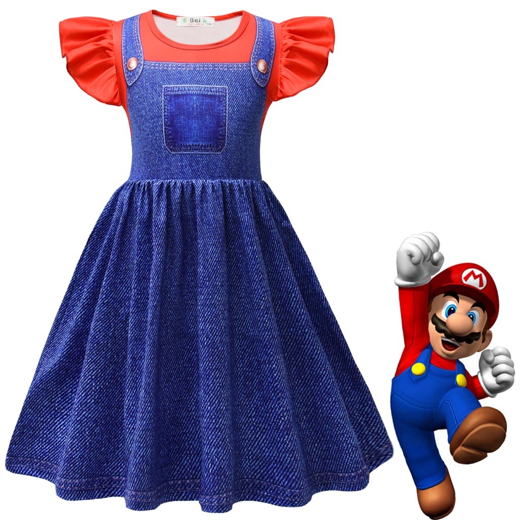 Kids Dress for Girls Cosplay Super Mario Princess Dress Flying Sleeve ...