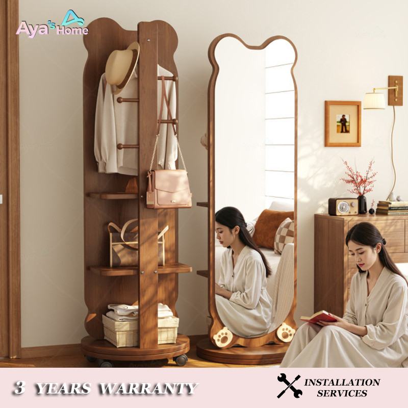 Full-length Rotatable Dressing Mirror With Wooden Frame & Storage Rack ...
