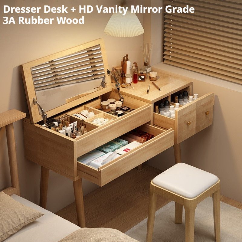 Wooden Style Solid Wood Dressing Table Flip Mirror Can Hide 2025 New ...