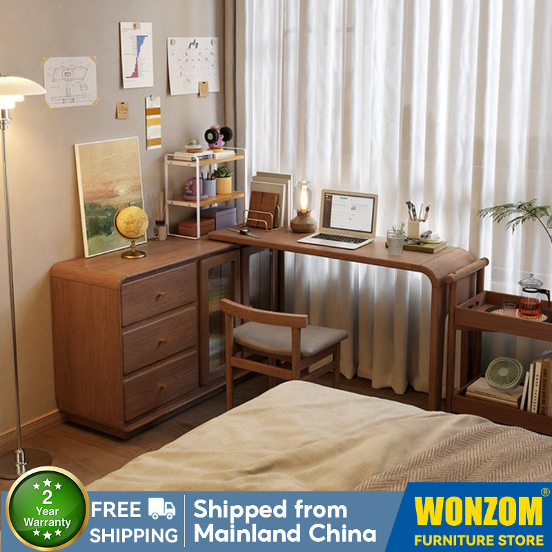 Bedroom Office Table Solid Wood Rotating Desk With Cabinet Study Table ...