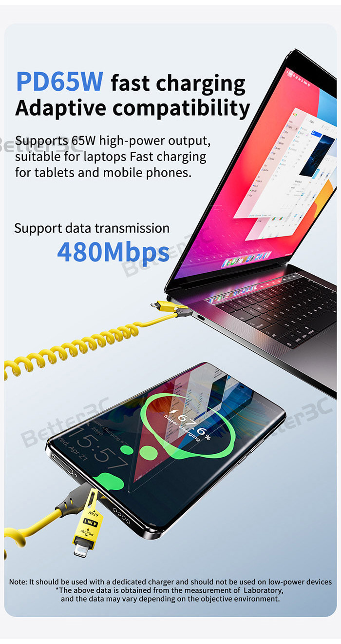 65W Fast Charging USB to Type C Cable 4 in 1 spring telescopic data ...