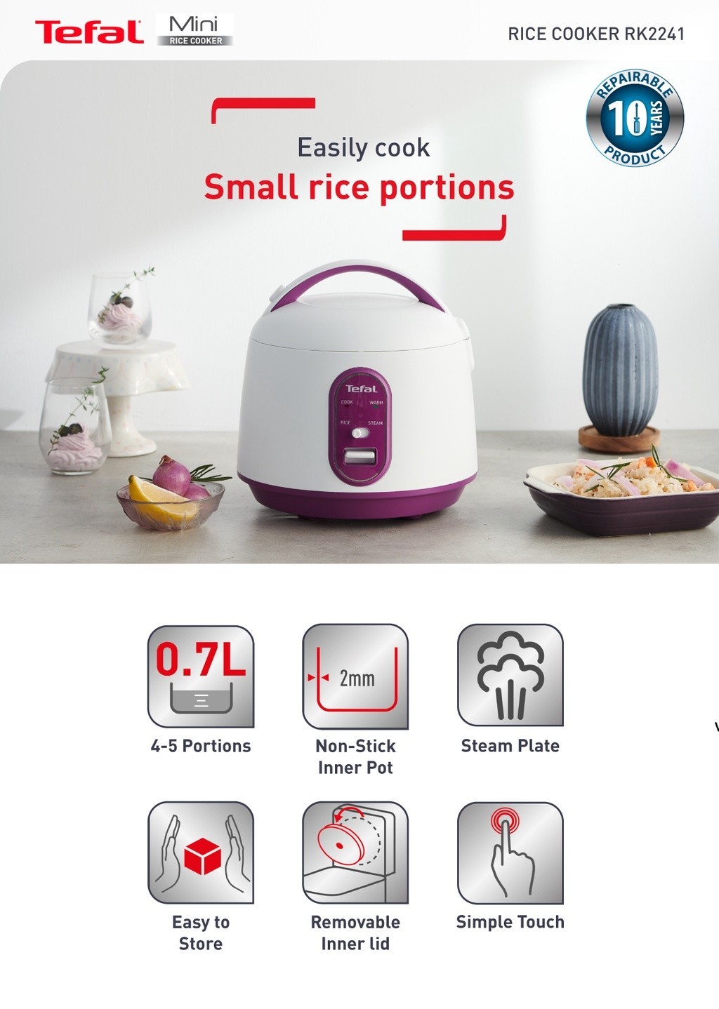Tefal Mechanical Mini Compact Rice Cooker 0.7L - RK2241 | Shopee Singapore