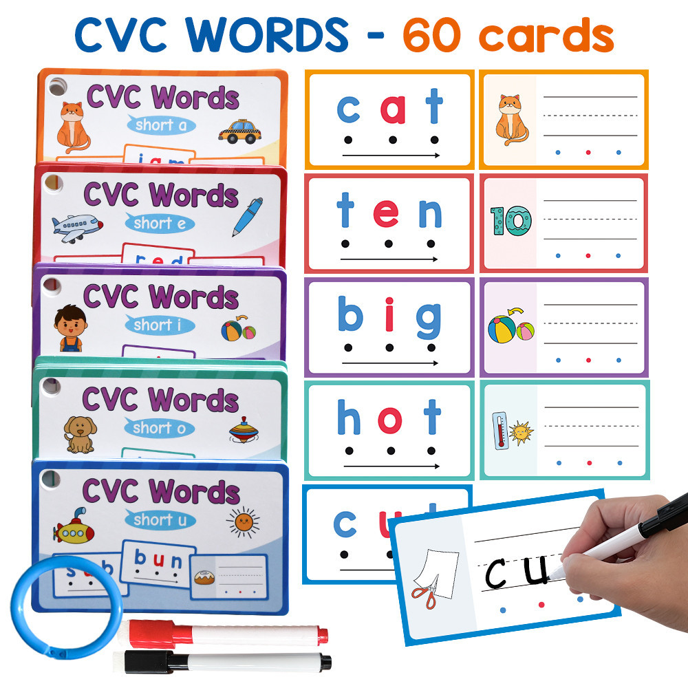 60 Pcs Phonics CVC Words English Flashcards for Kids Children ...