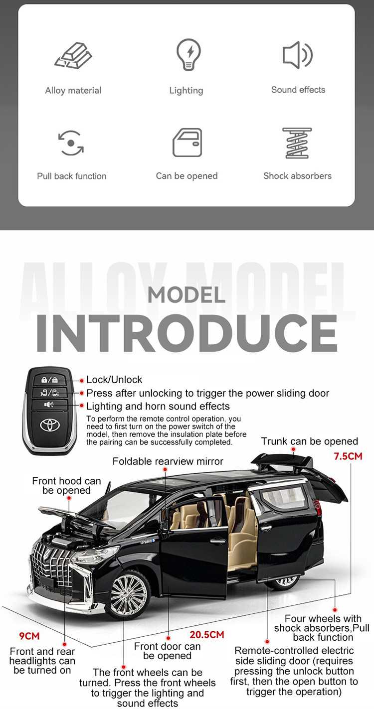 KLT 1:24 Toyota Alphard Remote Control Electric Door Diecast Model Car ...