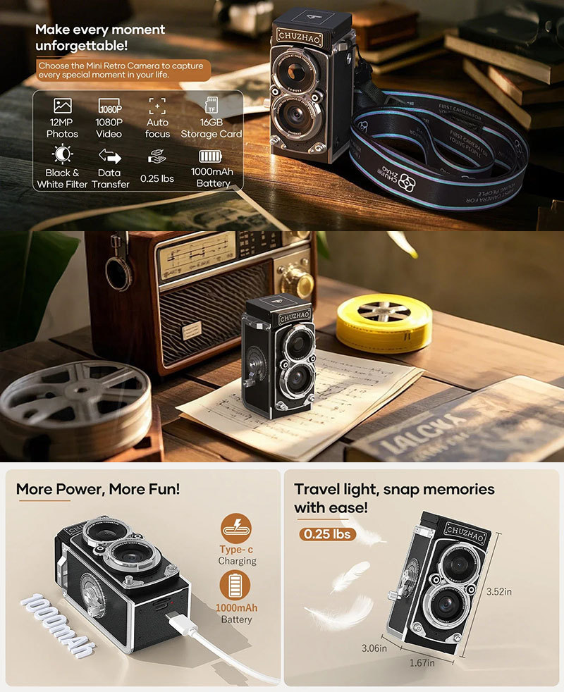 CHUZHAO Vintage Mini Digital Camera Autofocus 12MP, 1080P FHD Video ...