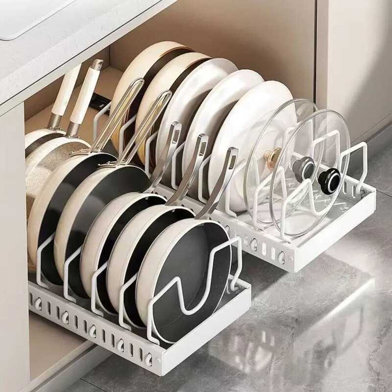 Kitchen Pull-Out Pot Rack Adjustable Cupboard Trays Dishes Partition ...